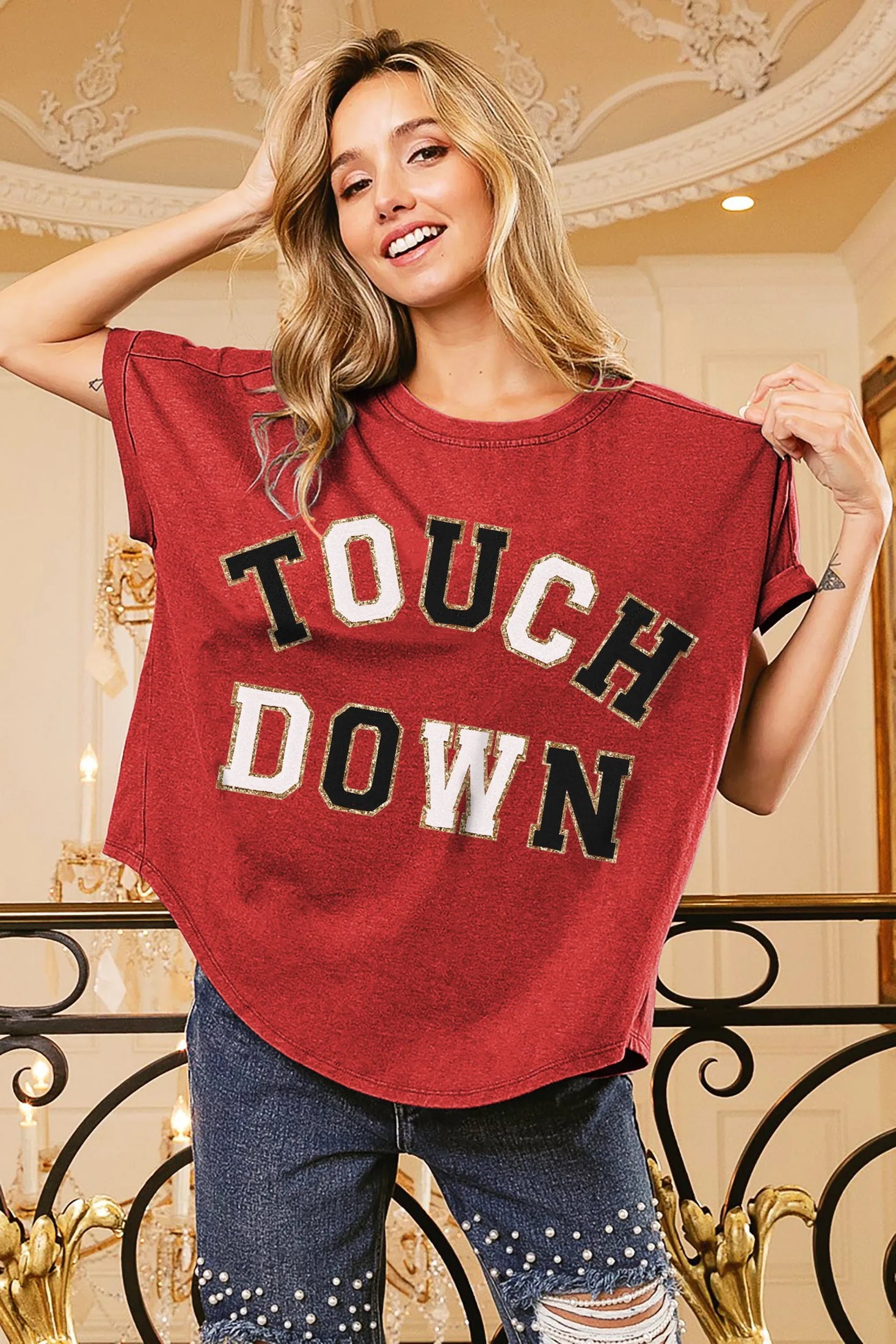 BiBi Touchdown Letter Loose Fit Vintage Washed Top - Walmart.com