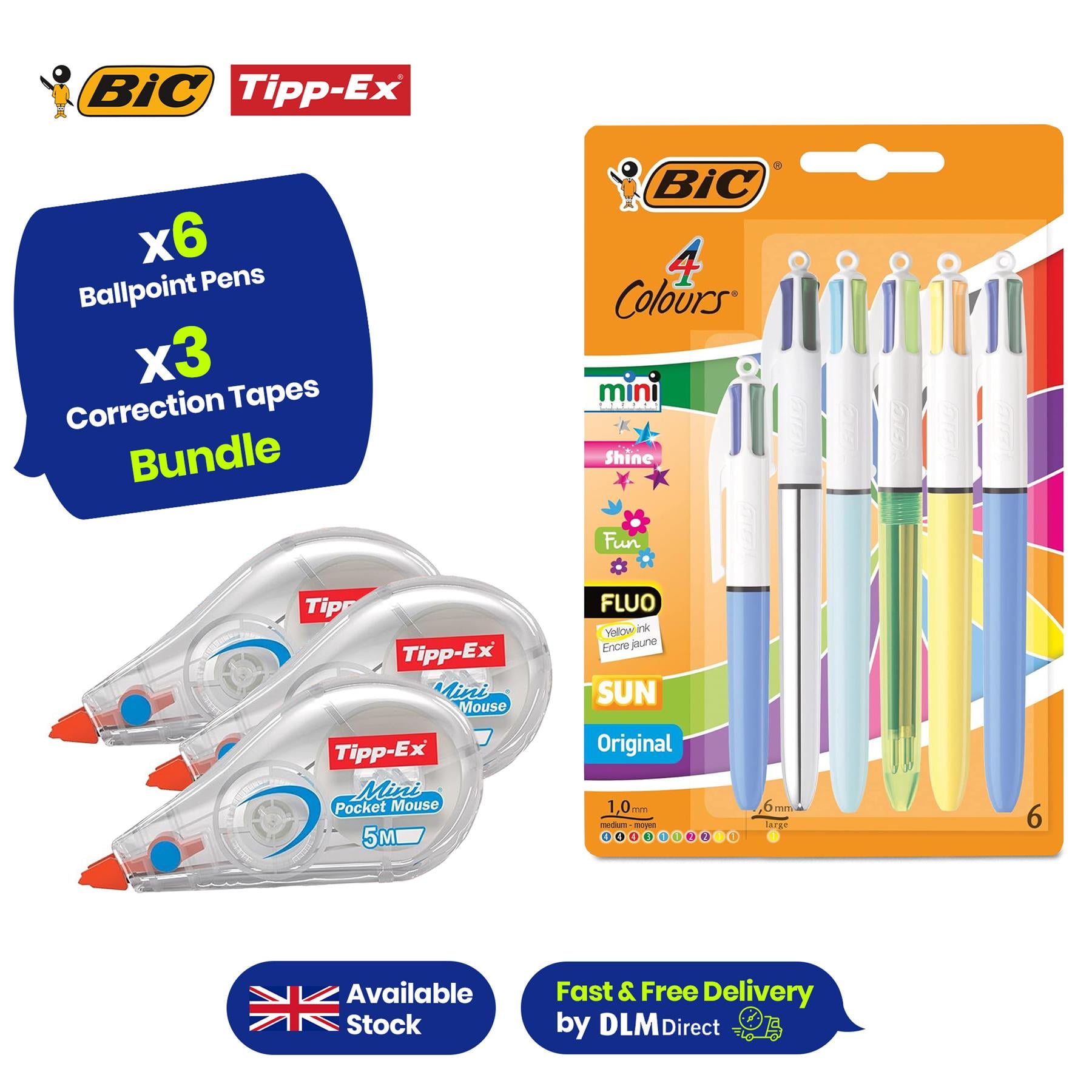 BiC 4 Colours Assorted Ballpoint Pens Medium Nib Assorted Ink - Blister Pack of 6 + Tipp-Ex Mini ...