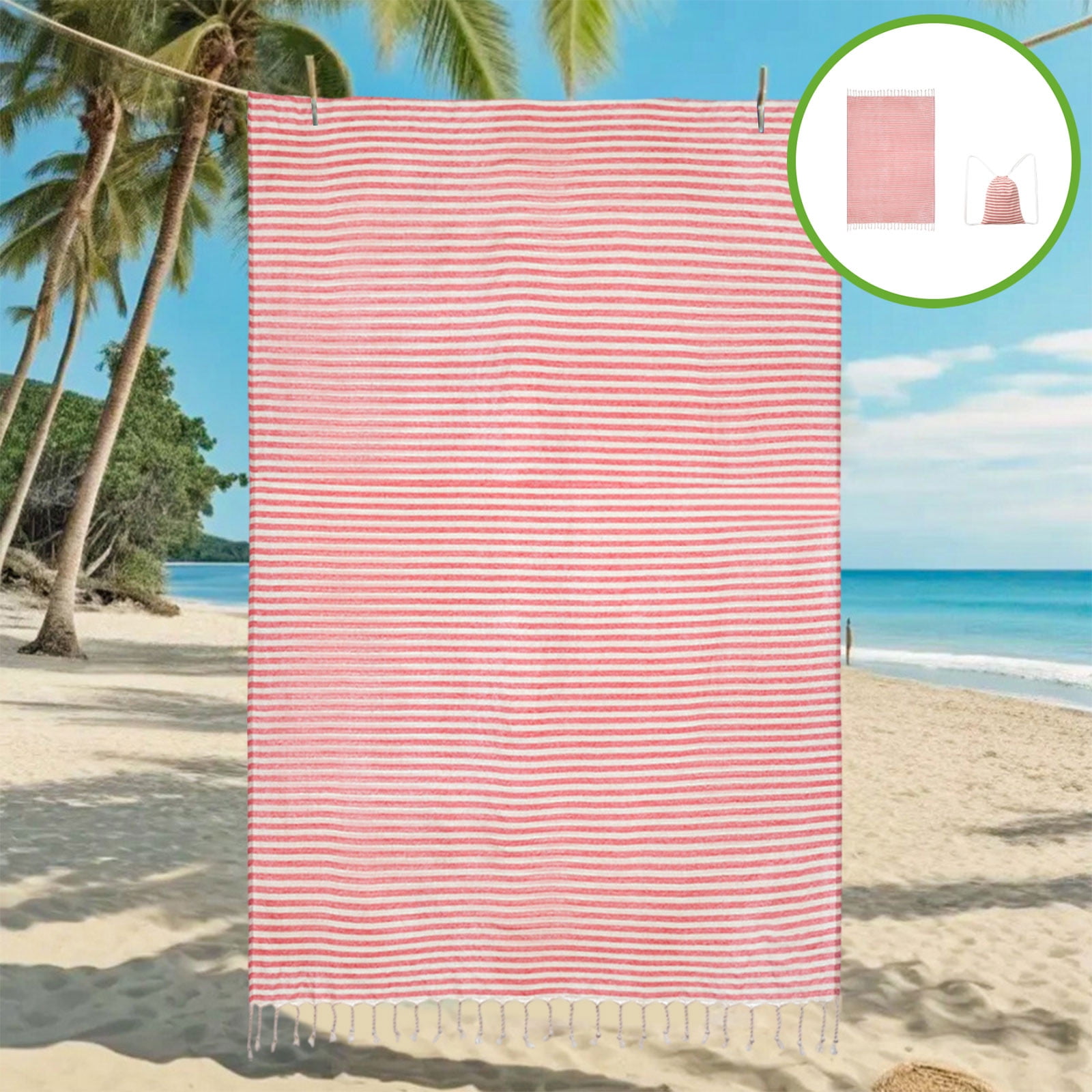 BiFandian Fringed Striped Beach Towel with Backpack, Embroidery ...