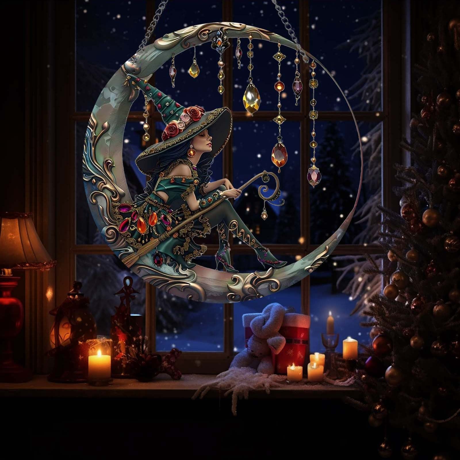BiFandian Halloween Witch Suncatcher Decorations, Acrylic Witch & Moon ...