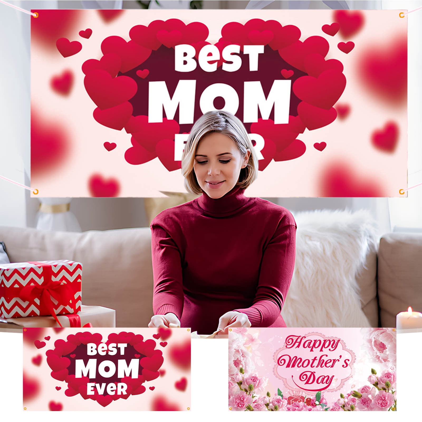 BiFandian Happy Mother's Day Backdrop Banner, Pink Flower Large Fabric ...