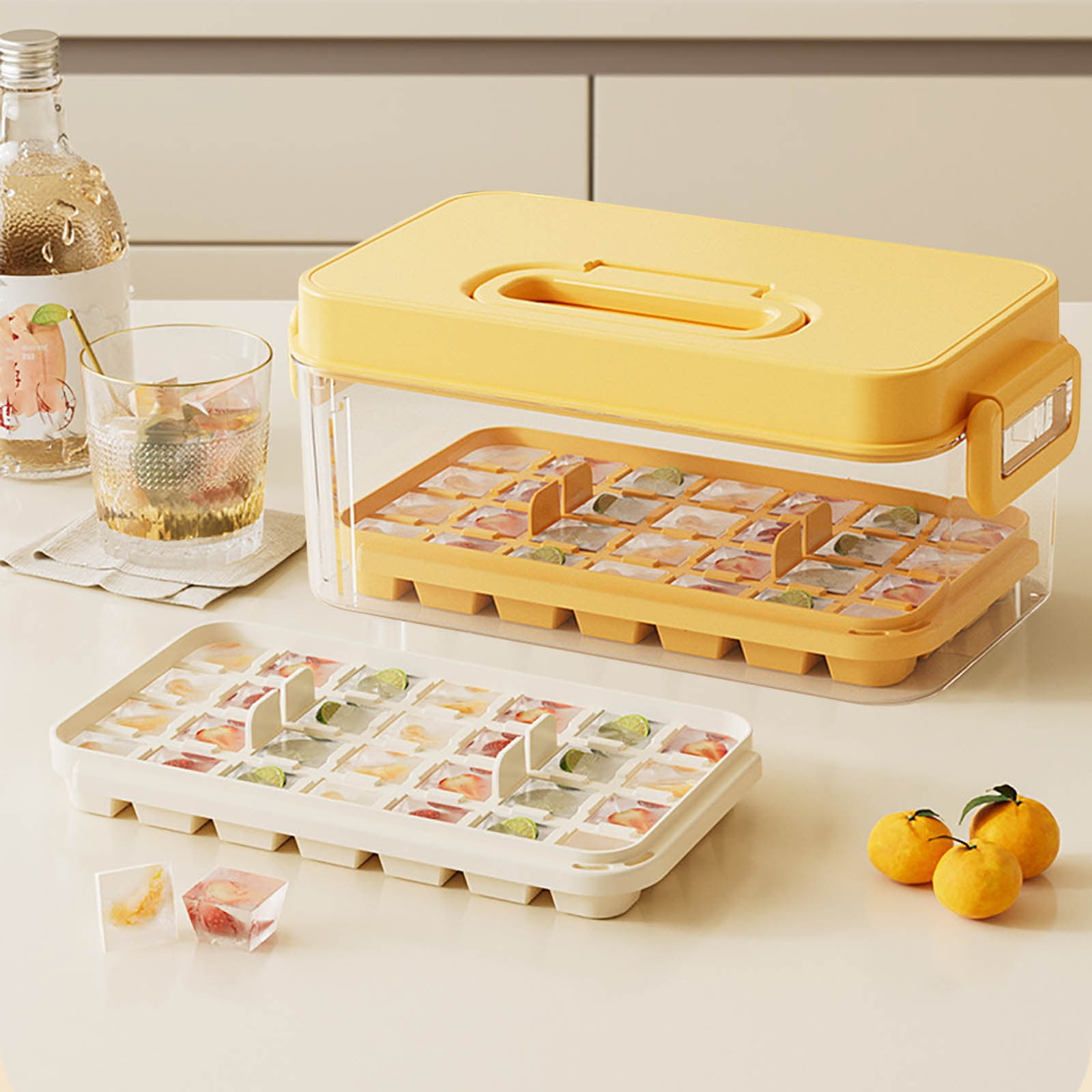 BiFandian Ice Cube Tray with Lid and Bin, 28 Compartments Ice Mold Box ...