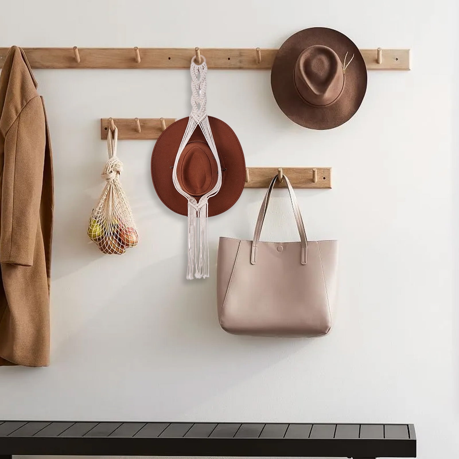 BiFandian Wall Mounted Hat Organizer, Rope and Clip Multi Tier Storage ...