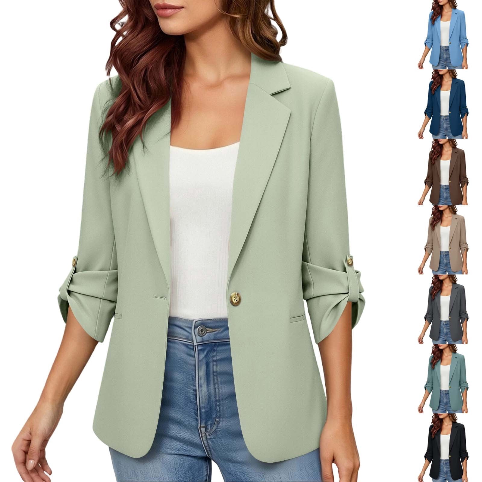BiZtdJrK 3/4 Sleeve Blazers for Women Summer Lightweight Button Lapel ...