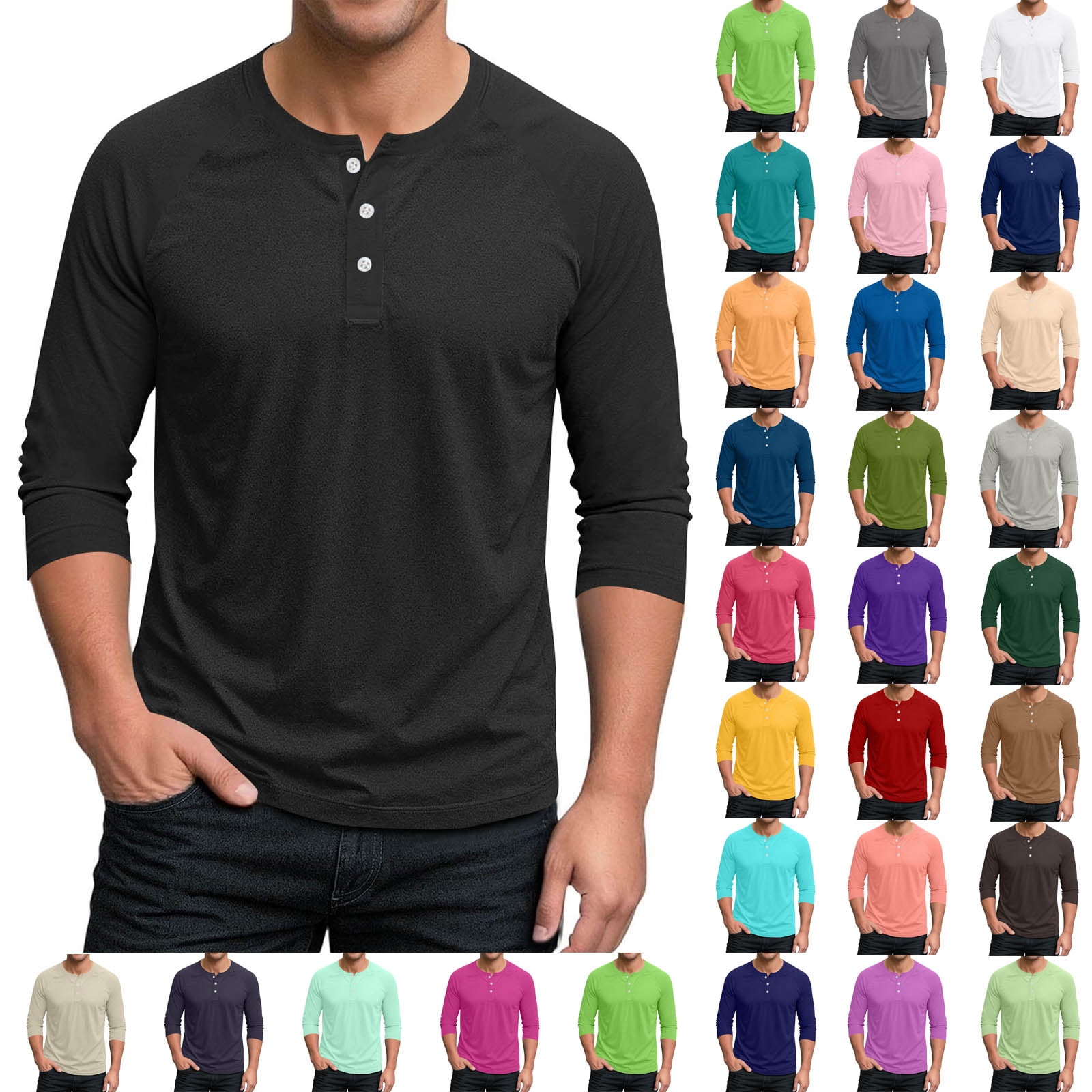 BiZtdJrK 3/4 Sleeve Blouse for Men Solid Casual Button V Neck Henley ...