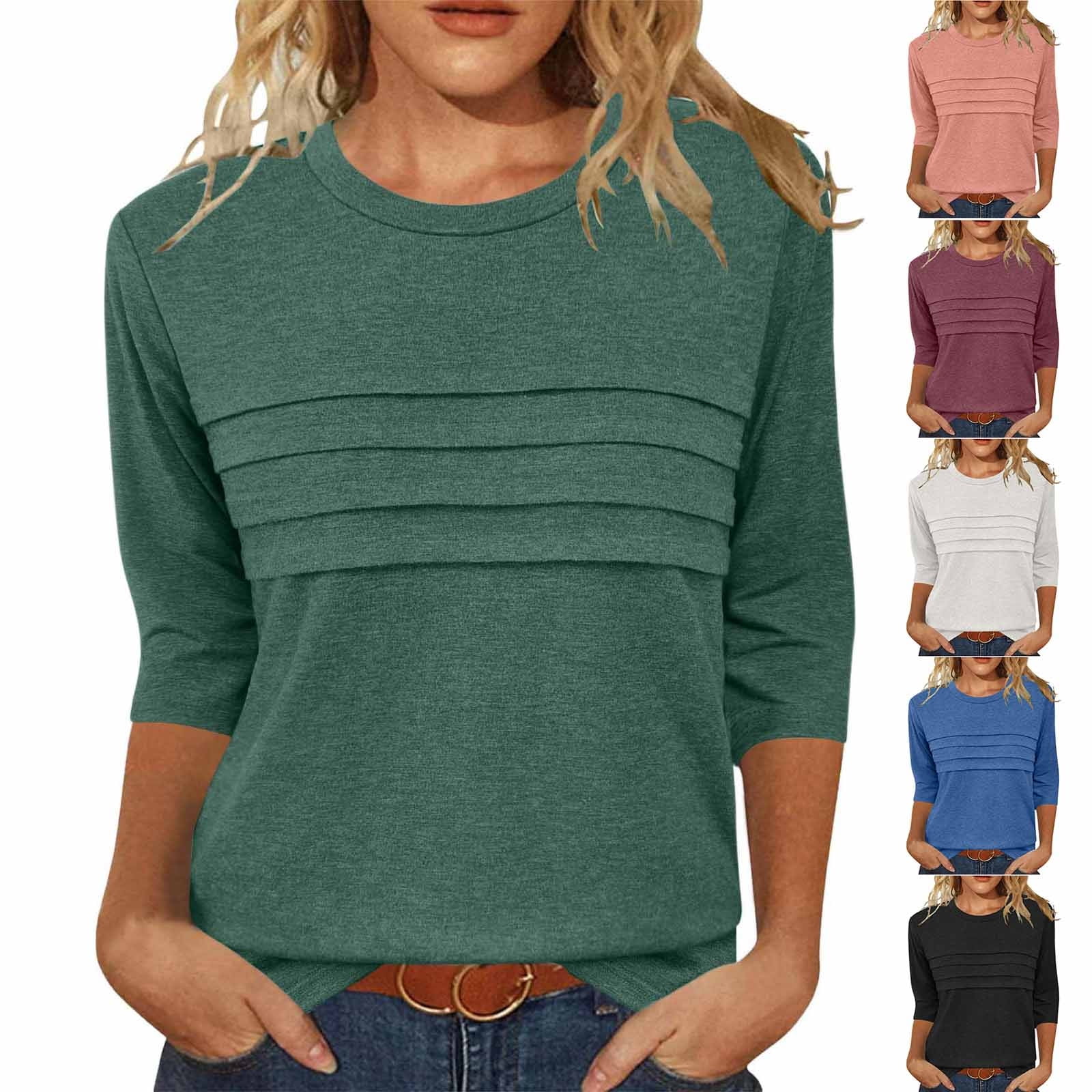 BiZtdJrK 3/4 Sleeve Tunic Tops for Women Pleated Front Solid Basic ...