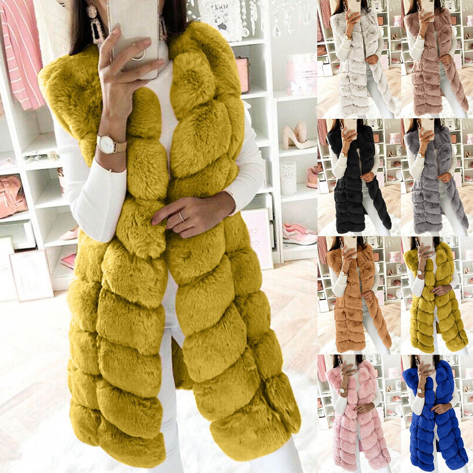 BiZtdJrK Back To School Sales Long Faux Fur Vest for Women Fuzzy Fluffy ...