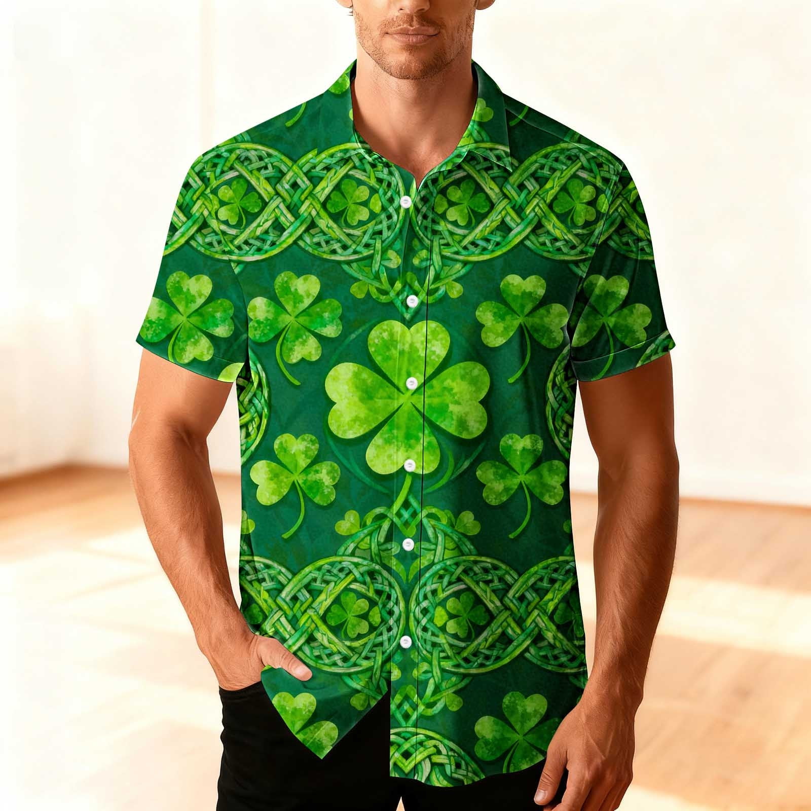 BiZtdJrK Beach Shirts for Men Novelty Shamrock Print Short Sleeve Lapel ...