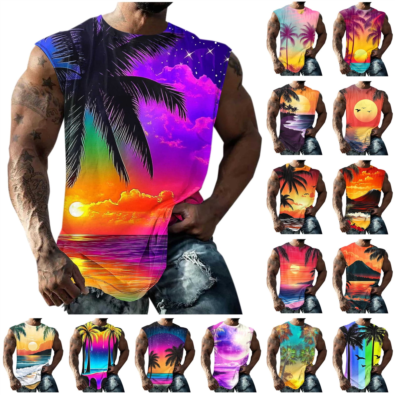 BiZtdJrK Graphic Tank Tops for Men Summer Sleeveless Muscle Shirts Beach Hawaiian Coconut Tree ...