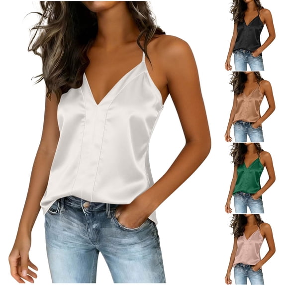 BiZtdJrK Black Satin Camisole Tops for Women Deep V Neck Spaghetti ...