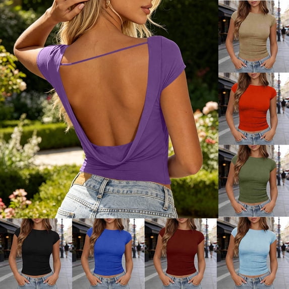 BiZtdJrK Blue Open Back Tops for Women Backless Short Sleeve Slim Fit ...