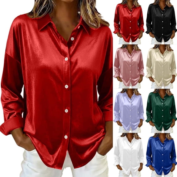 BiZtdJrK Blue Womens Dressy Casual Blouses Satin Silk Lapel Long Sleeve ...