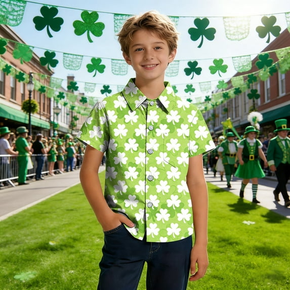 BiZtdJrK Boys Novelty Graphic Shirts Four Leaf Clover Print Short ...