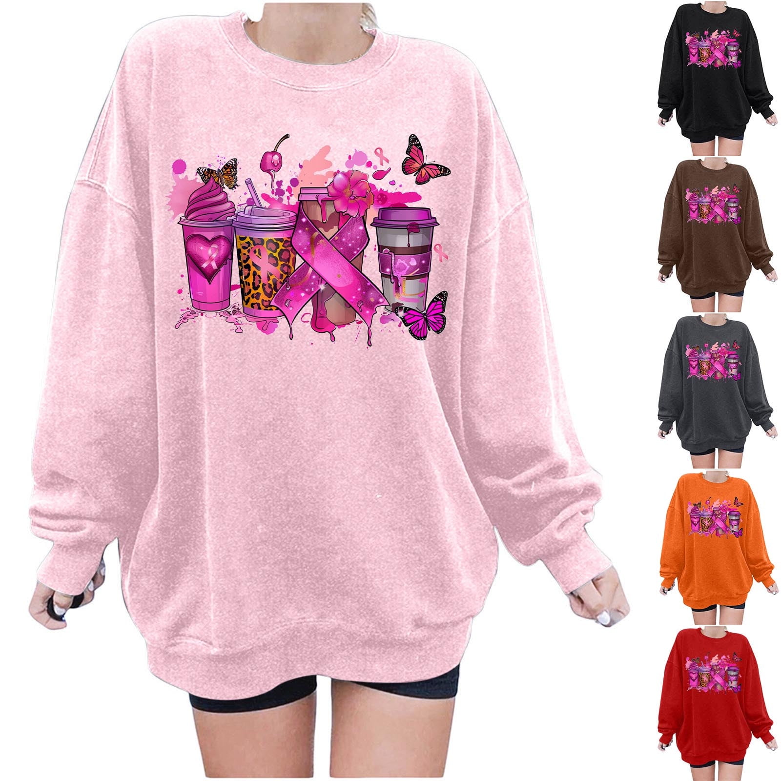 BiZtdJrK Breast Cancer Sweat Shirt for Women Pink Ribbon Print Drop ...