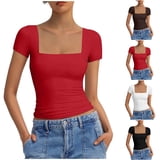 BiZtdJrK Brown Women Gym Yoga Tops Square Neck Short Sleeve Slim ...
