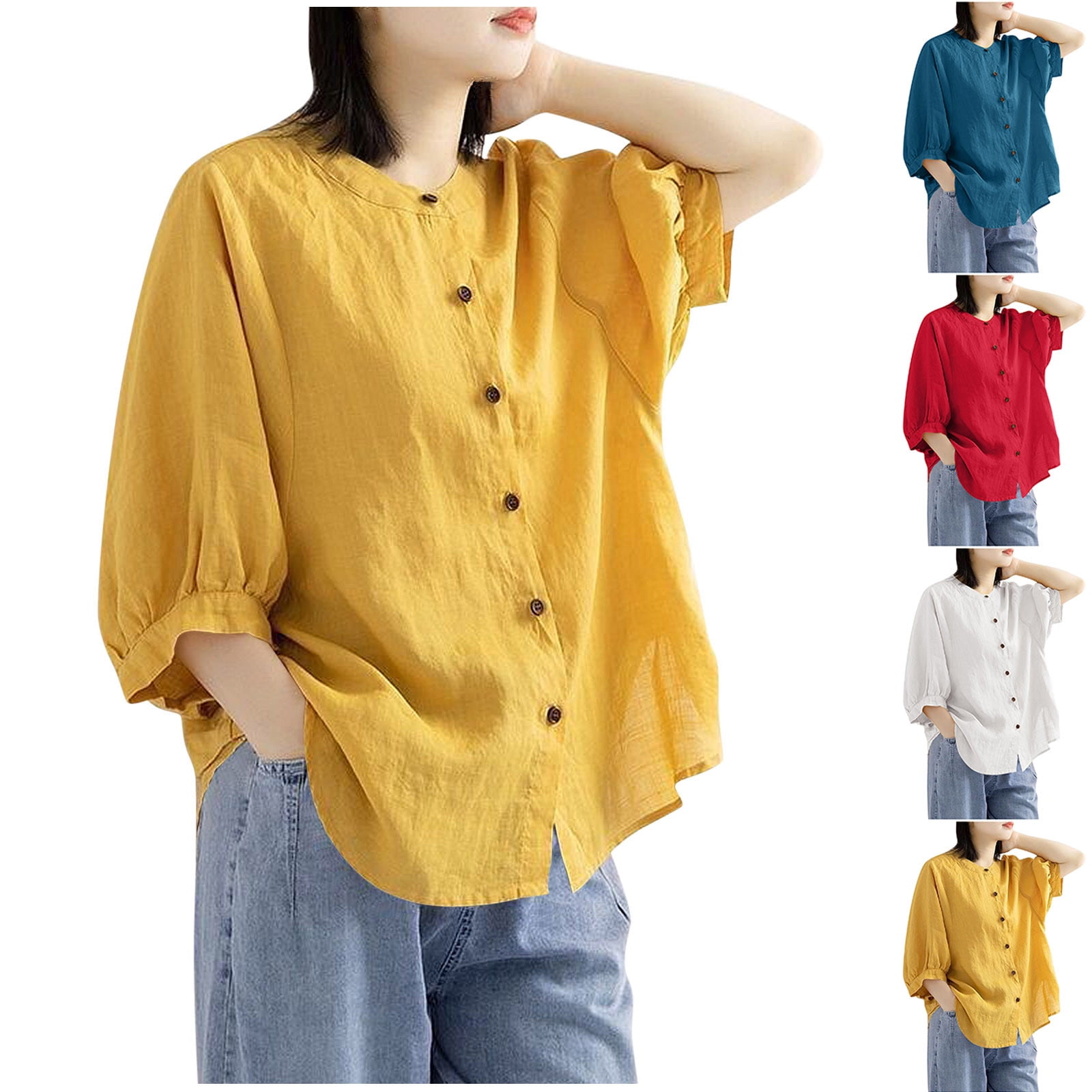 BiZtdJrK Button Down T Shirts for Women 3/4 Length Puff Sleeve Casual ...