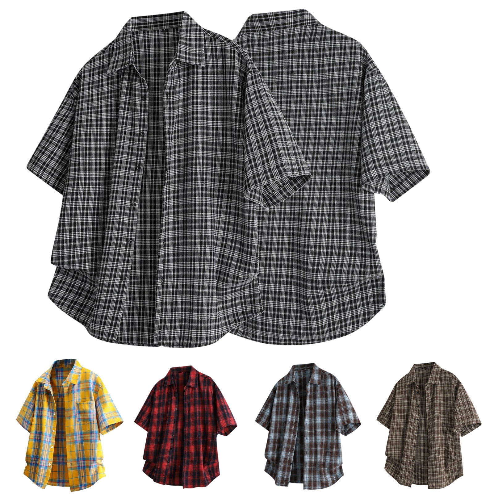 BiZtdJrK Button Up Shirts for Men Short Sleeve Collared Checkered Cuban ...