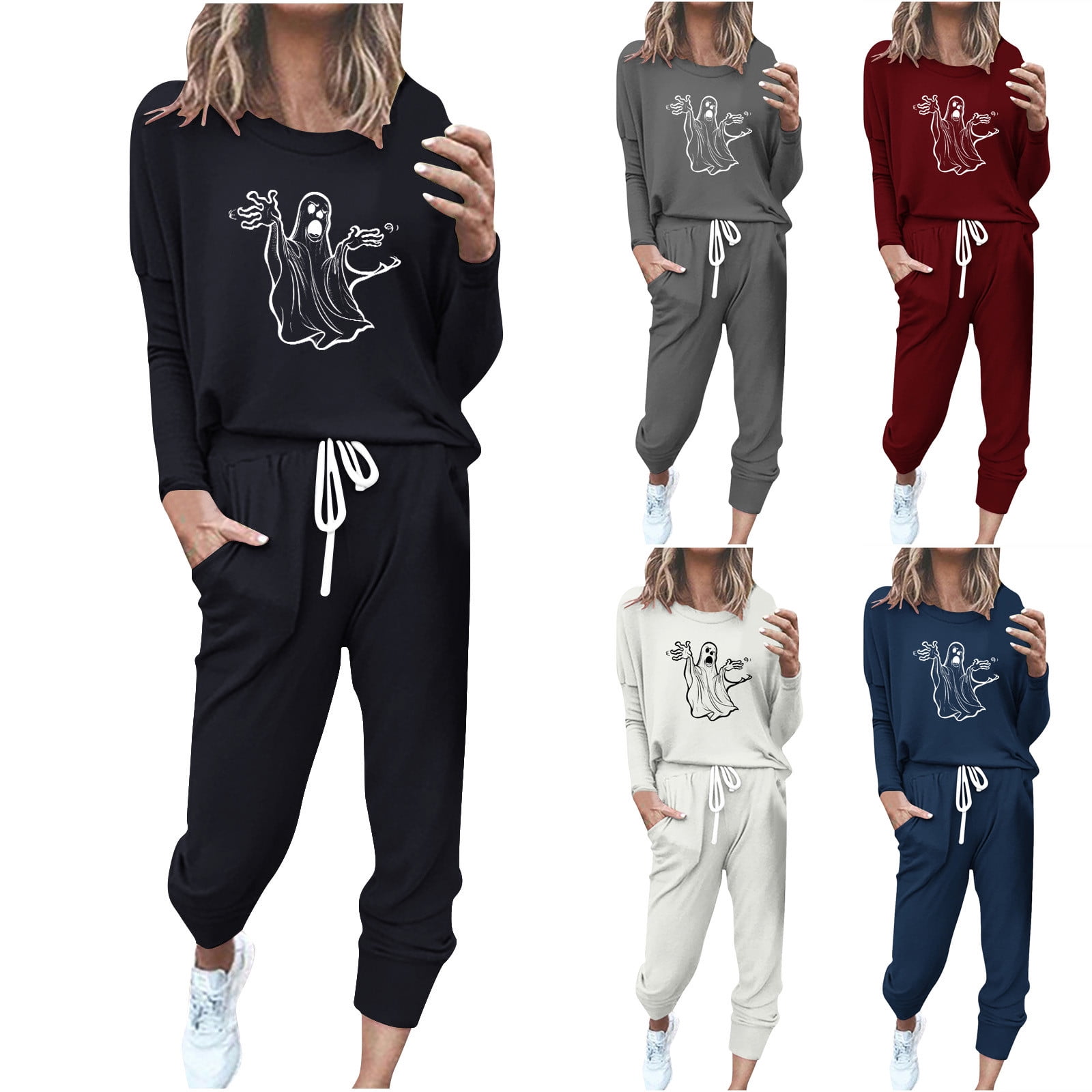 BiZtdJrK Casual Sweatsuit Sets for Women Travel Ghost Print Long Sleeve ...
