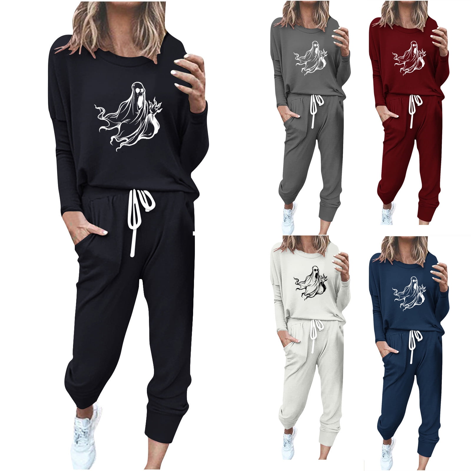 BiZtdJrK Casual Sweatsuit Sets for Women Travel Ghost Print Long Sleeve ...