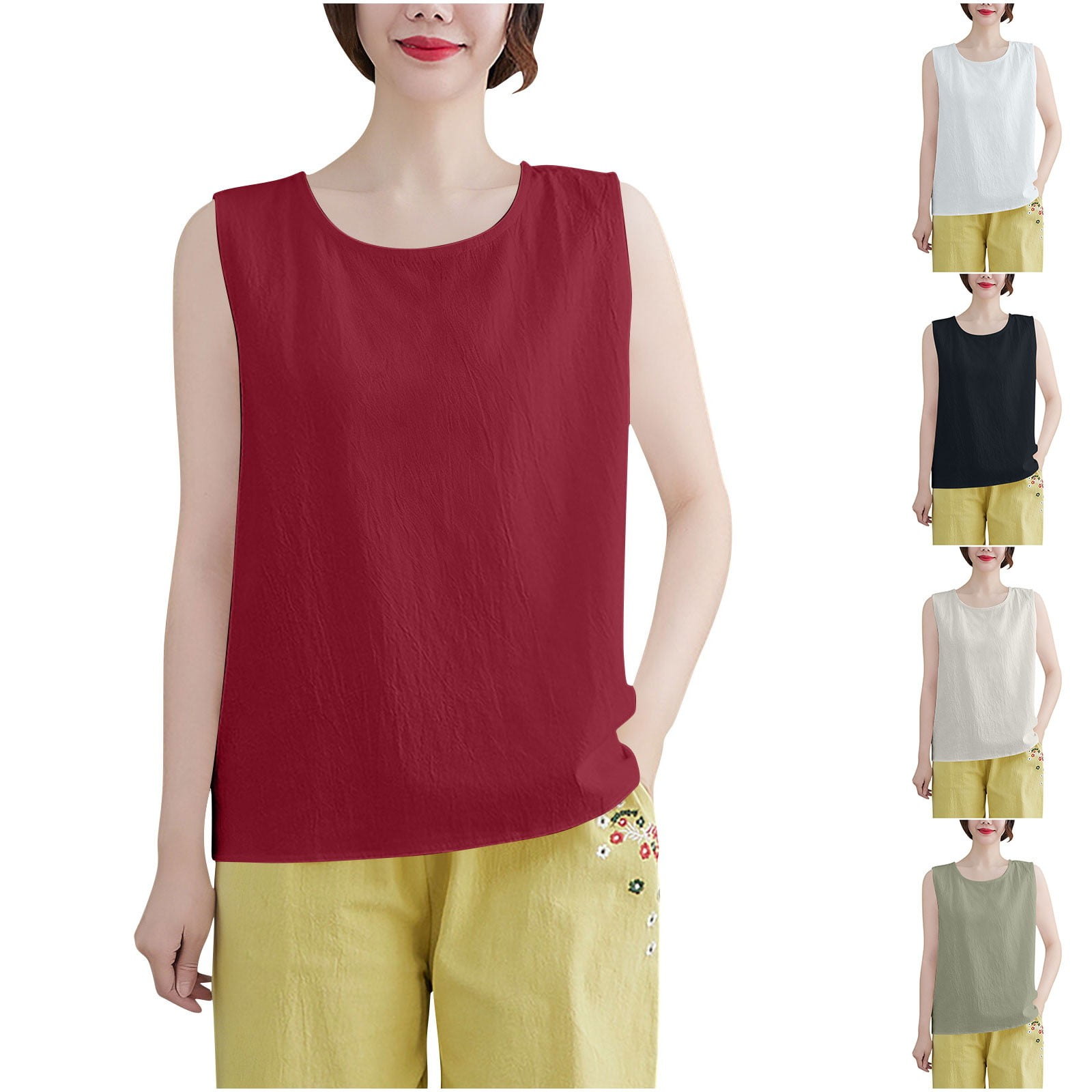 BiZtdJrK Casual Tank Tops for Women Cotton Linen Sleeveless Solid Color ...