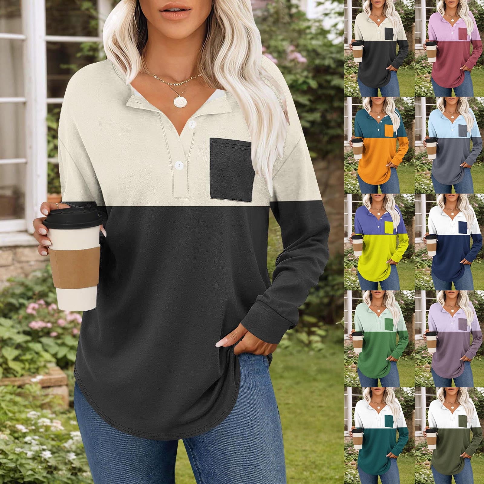 BiZtdJrK Color Block T Shirts for Women Button Up V Neck Long Sleeve ...