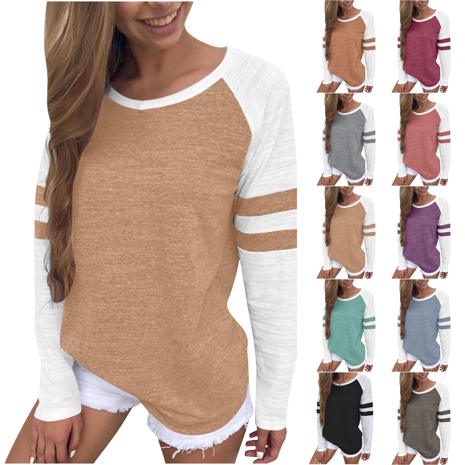 BiZtdJrK Color Block T Shirts for Women Plus Size Striped Raglan Long ...