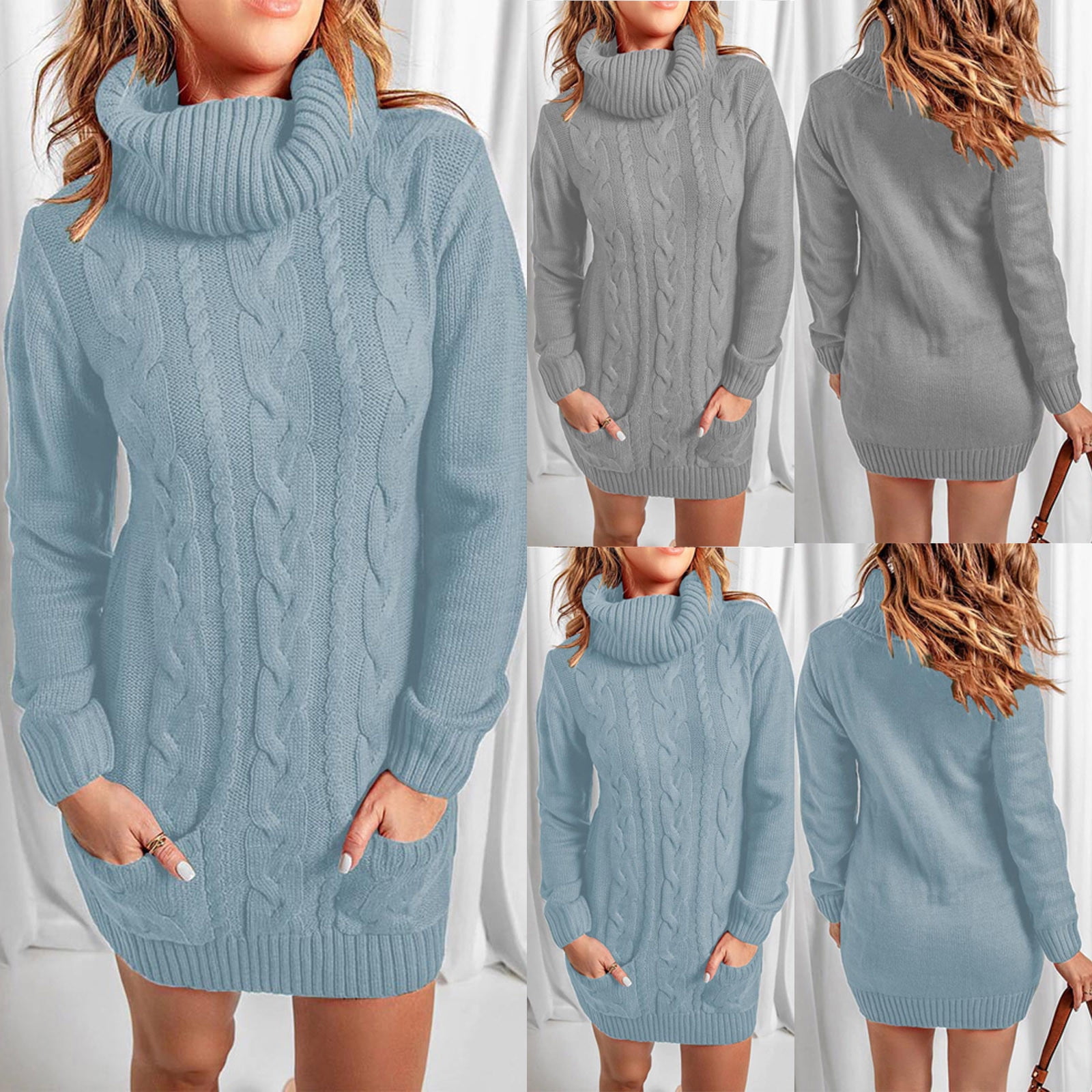 BiZtdJrK Comfy Sweater Dresses for Women High Neck Cable Knit Long ...