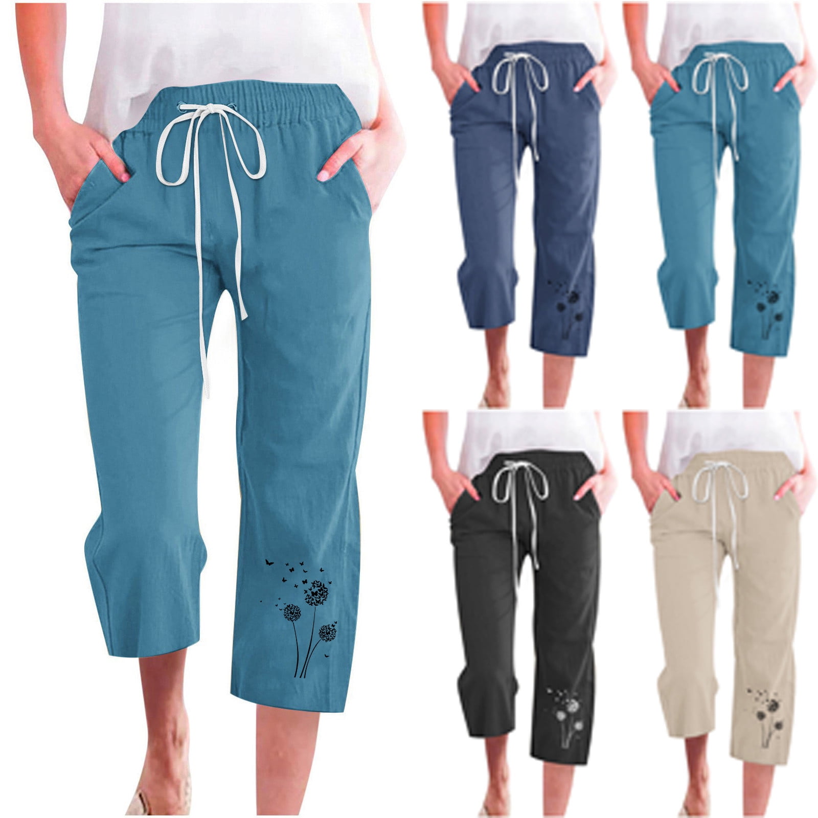 BiZtdJrK Cotton Linen Capri Pants for Women Summer Drawstring High ...