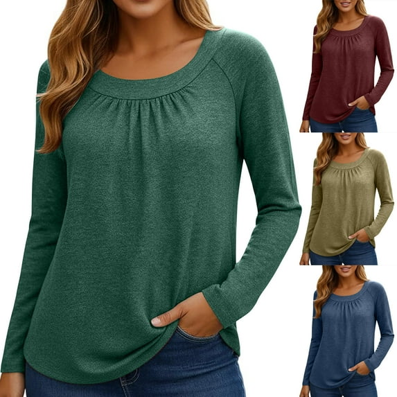 BiZtdJrK Crewneck T Shirts for Women Pleated Front Long Sleeve Solid ...