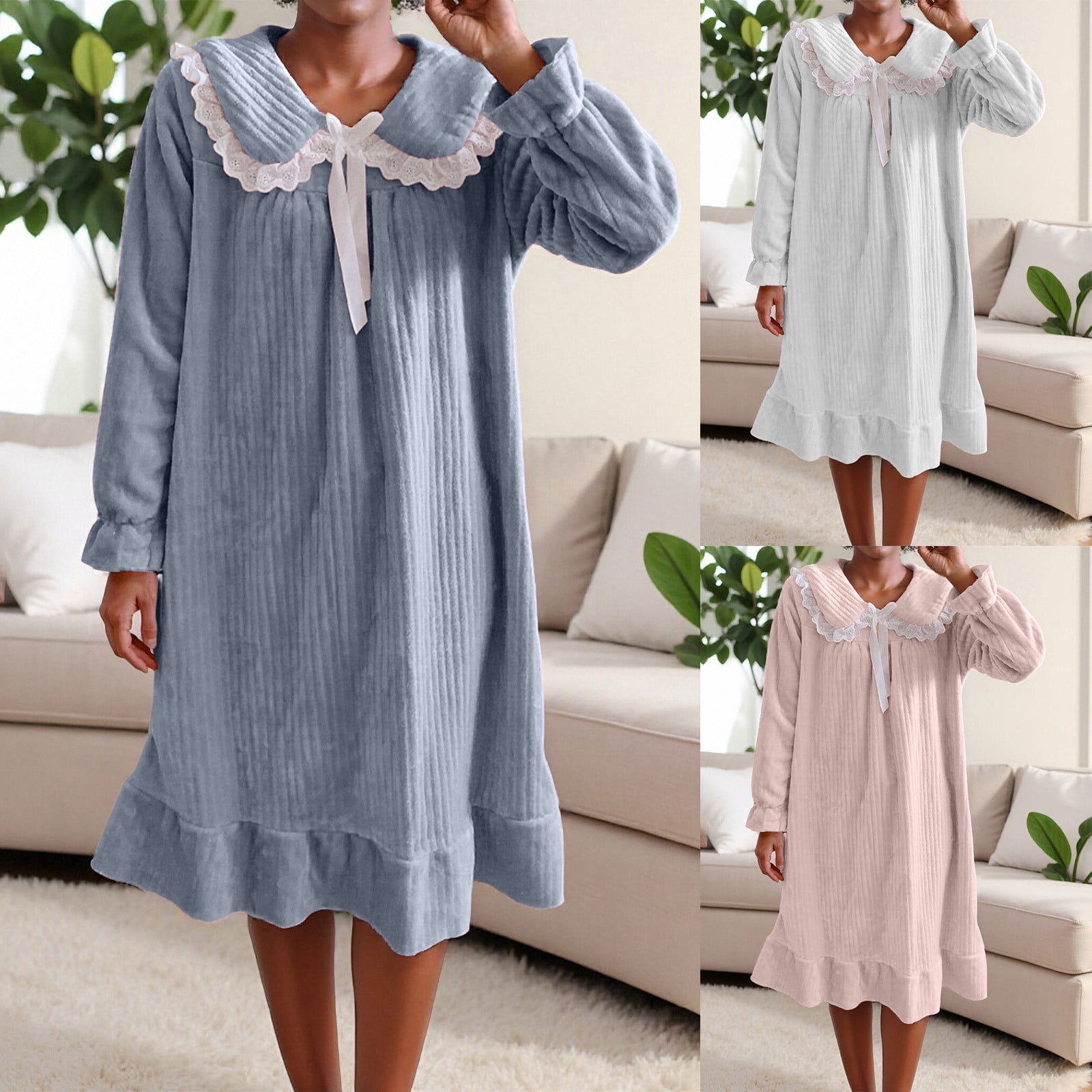 BiZtdJrK Cute Nightgown for Women Lace Lapel Ruffle Hem Long Sleeve ...