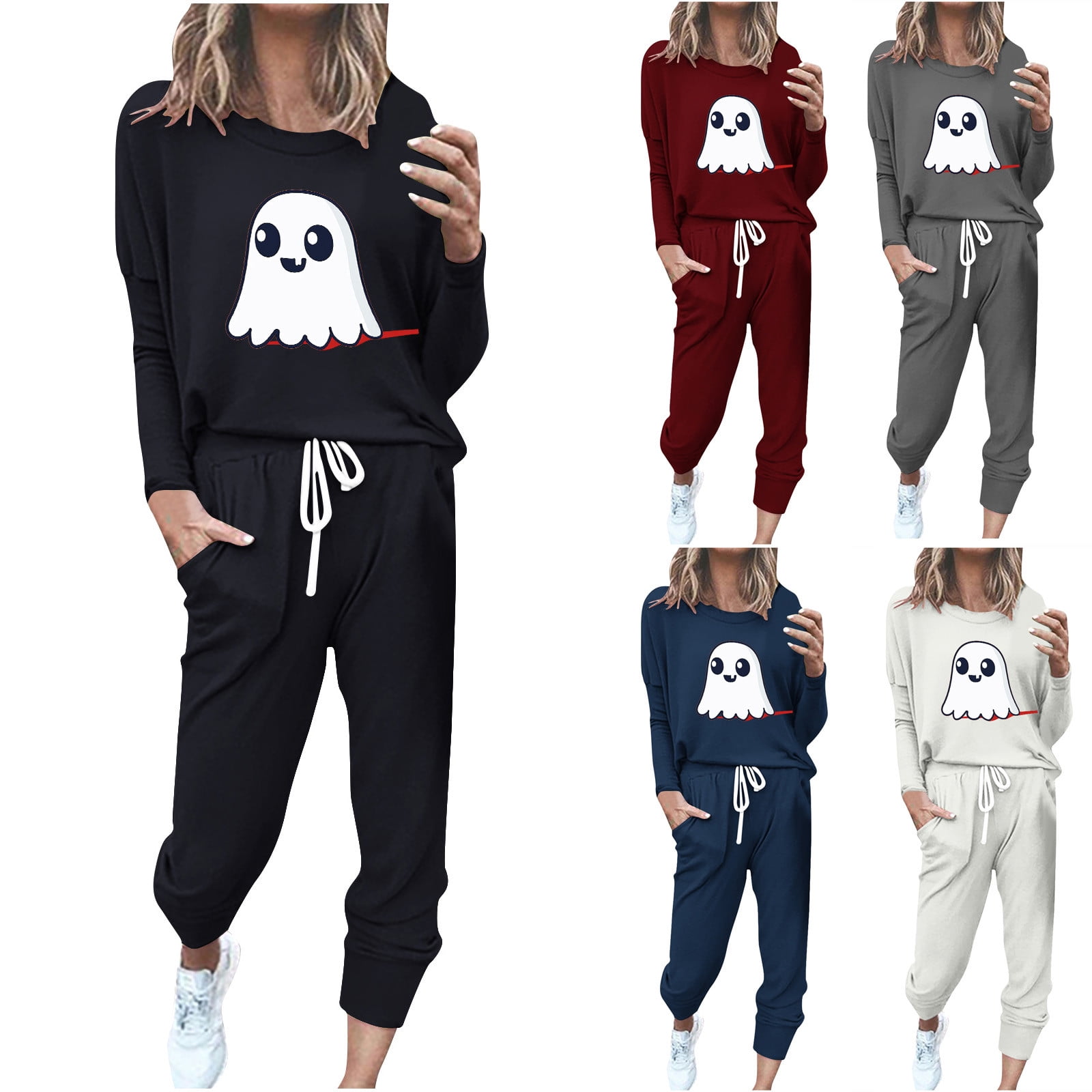 BiZtdJrK Cute Tracksuits for Women Ghost Print Long Sleeve Crew Neck Sweatshirts and Pants 2 ...