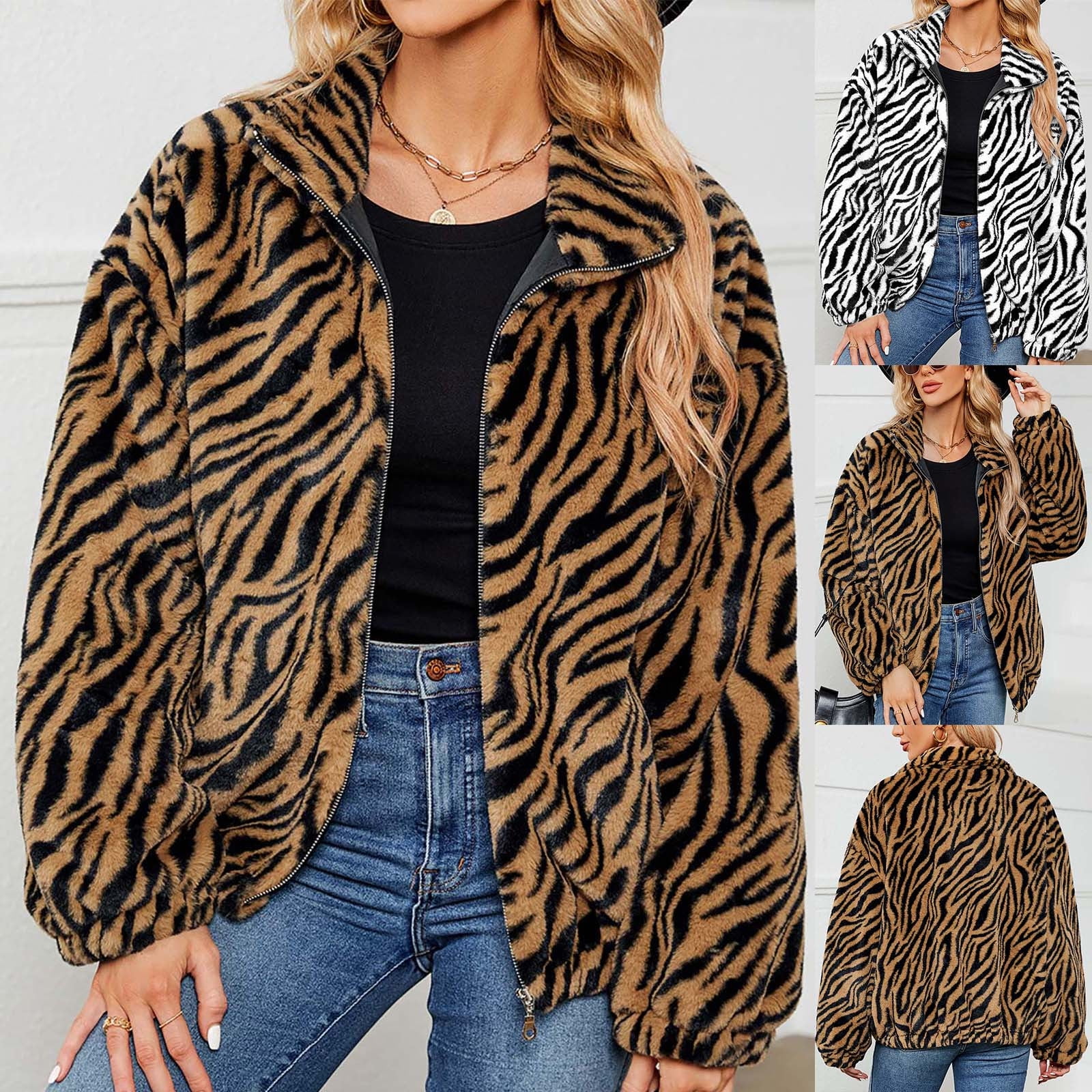 BiZtdJrK Cyber And Monday Sales Women's Winter Coats Warm Fuzzy Leopard ...