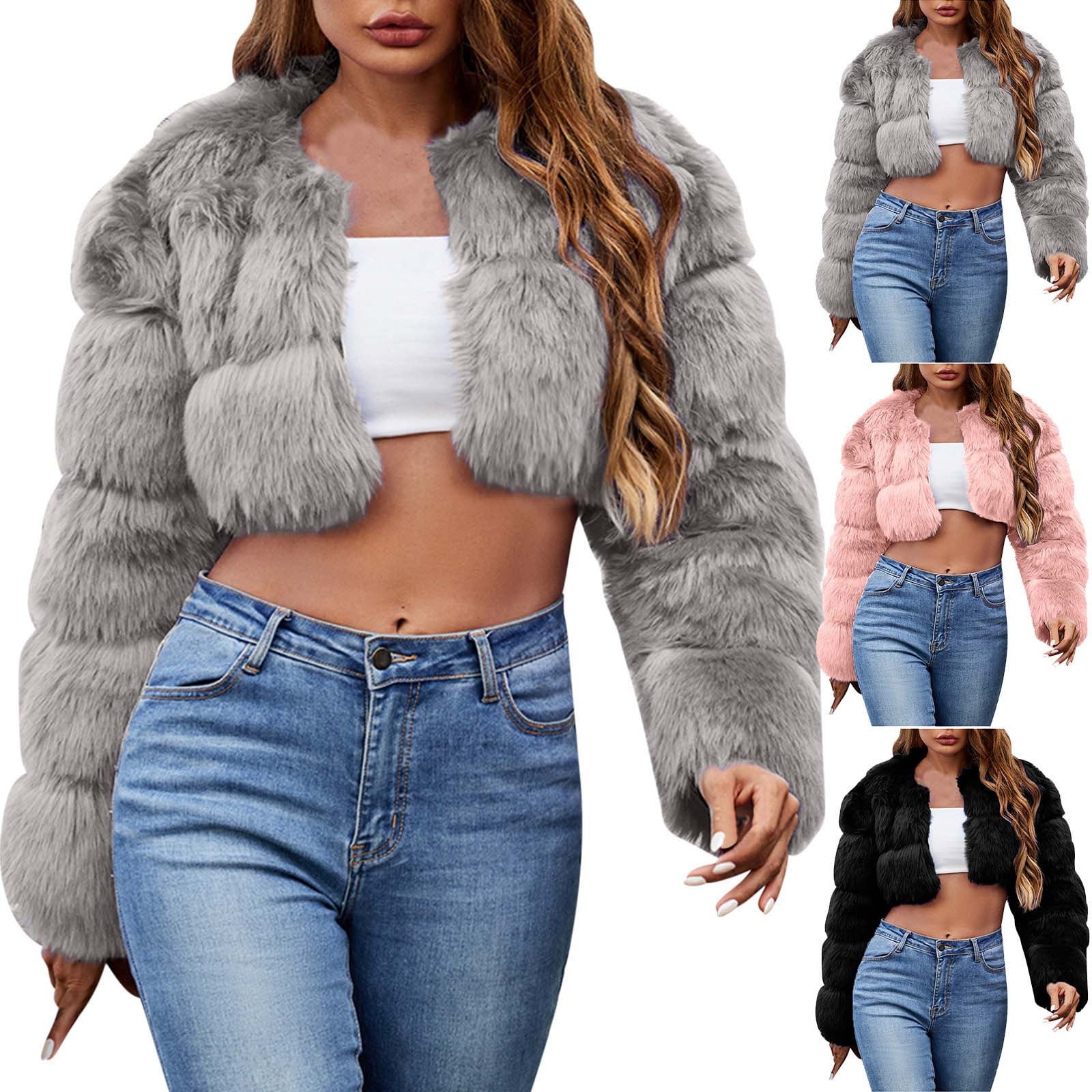 BiZtdJrK Sales Today Cropped Faux Fur Jacket for Women Fashion Long Sleeve Open Front Cardigan ...