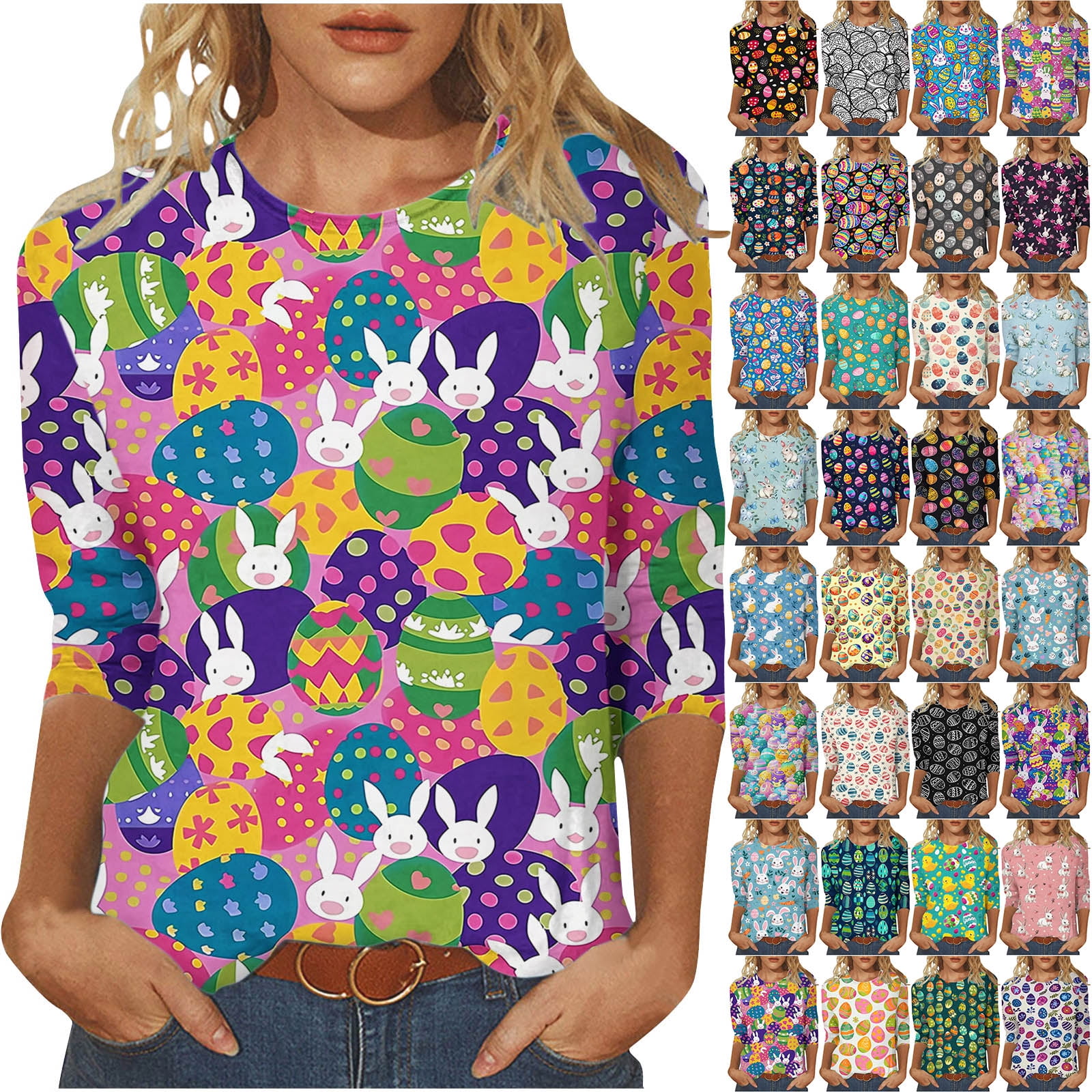 BiZtdJrK Easter Clothes for Women Casual Crew Neck Three Quarter Sleeve ...
