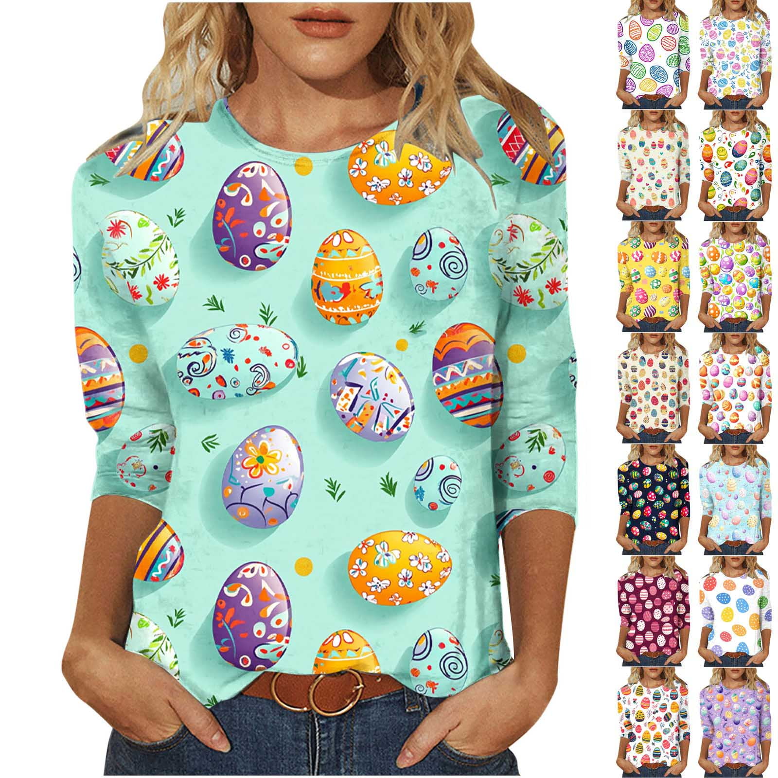 BiZtdJrK Easter Shirts for Women Funny Egg Graphic Tees 3/4 Length ...