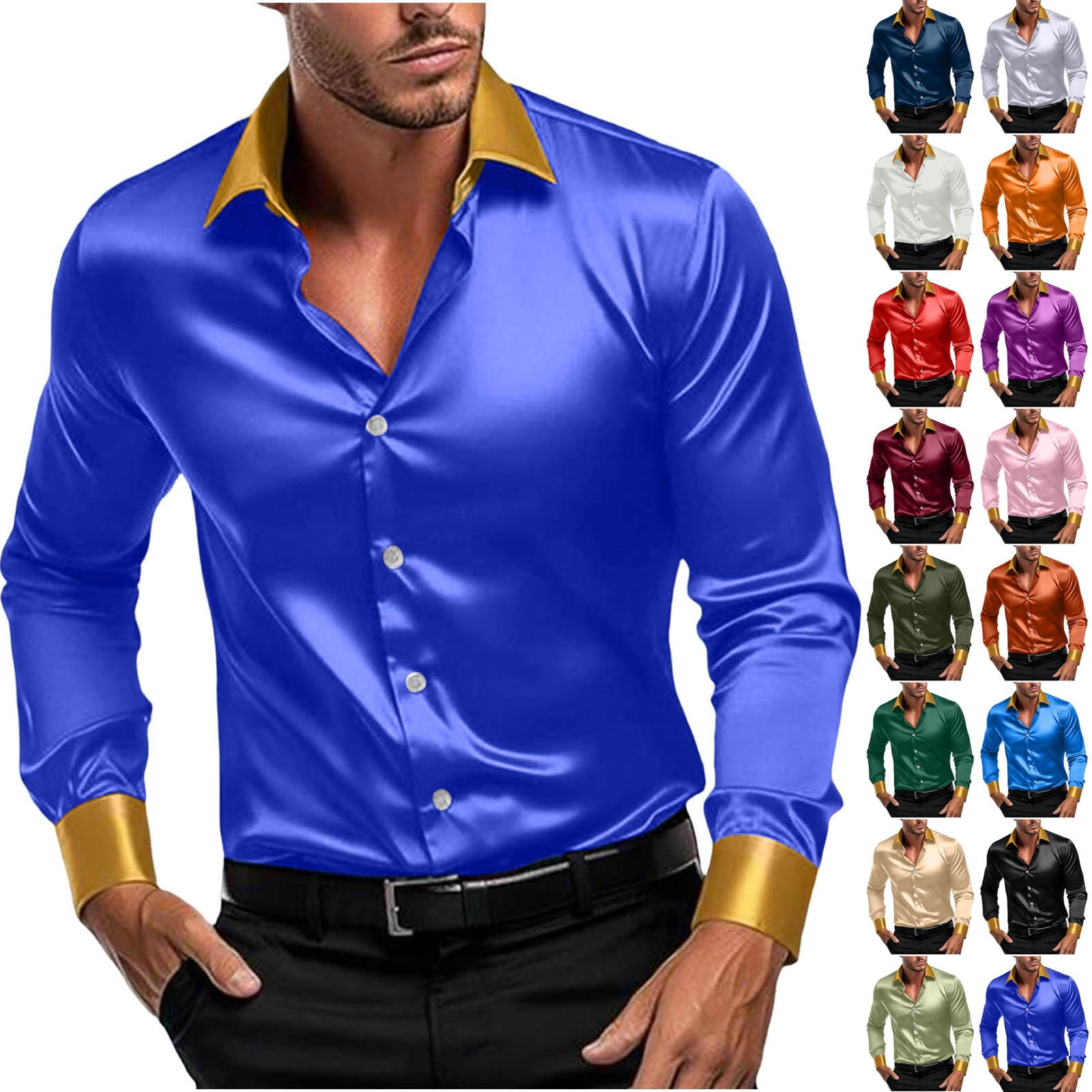 BiZtdJrK Fashion Party Shirts for Men Satin Silk Long Sleeve Button ...