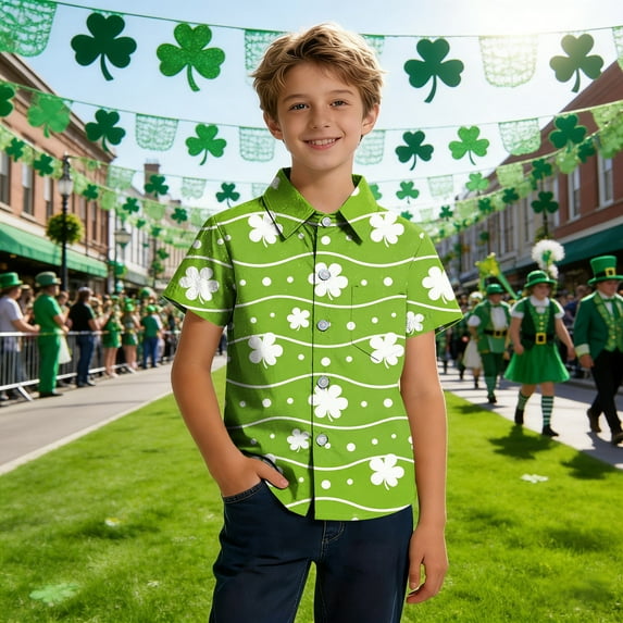BiZtdJrK Fashion Shirts for Boy Luck Shamrock Graphic Short Sleeve ...