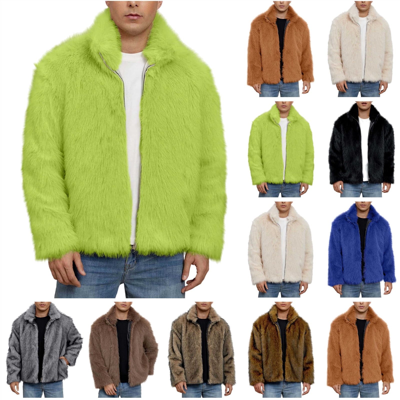 BiZtdJrK Faux Fur Coat for Men Zip Up Long Sleeve Winter Jacket Solid ...