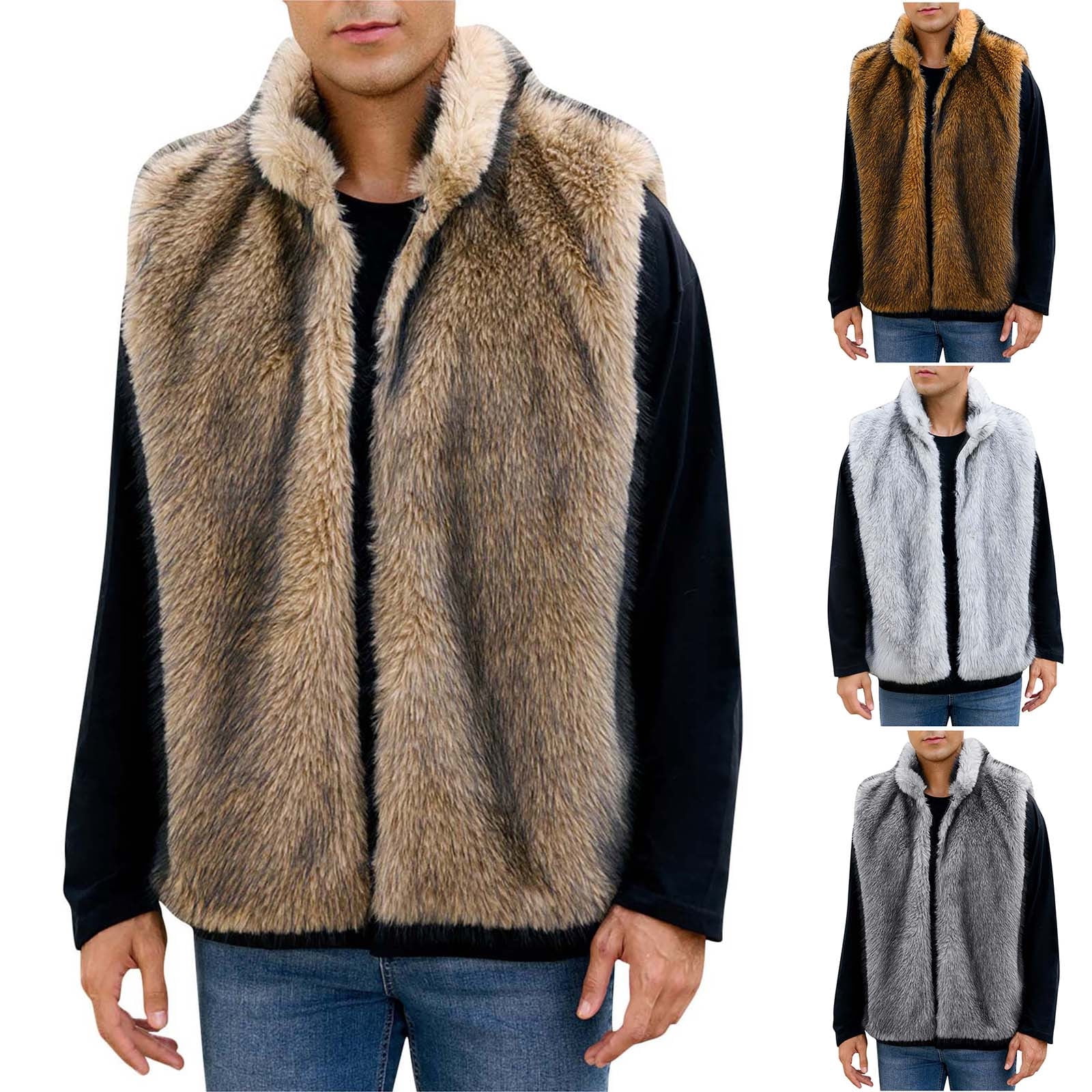 BiZtdJrK Faux Fur Vests Men Open Front Cardigan Zip Up Sleeveless ...