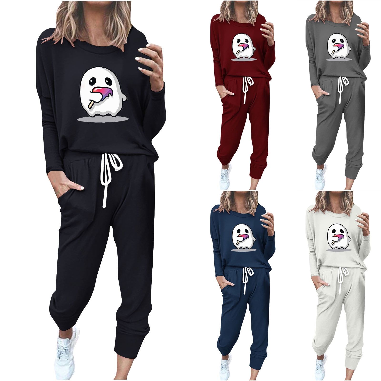 BiZtdJrK Funny 2 Piece Outfits for Women Ghost Print Loose Fit Travel ...