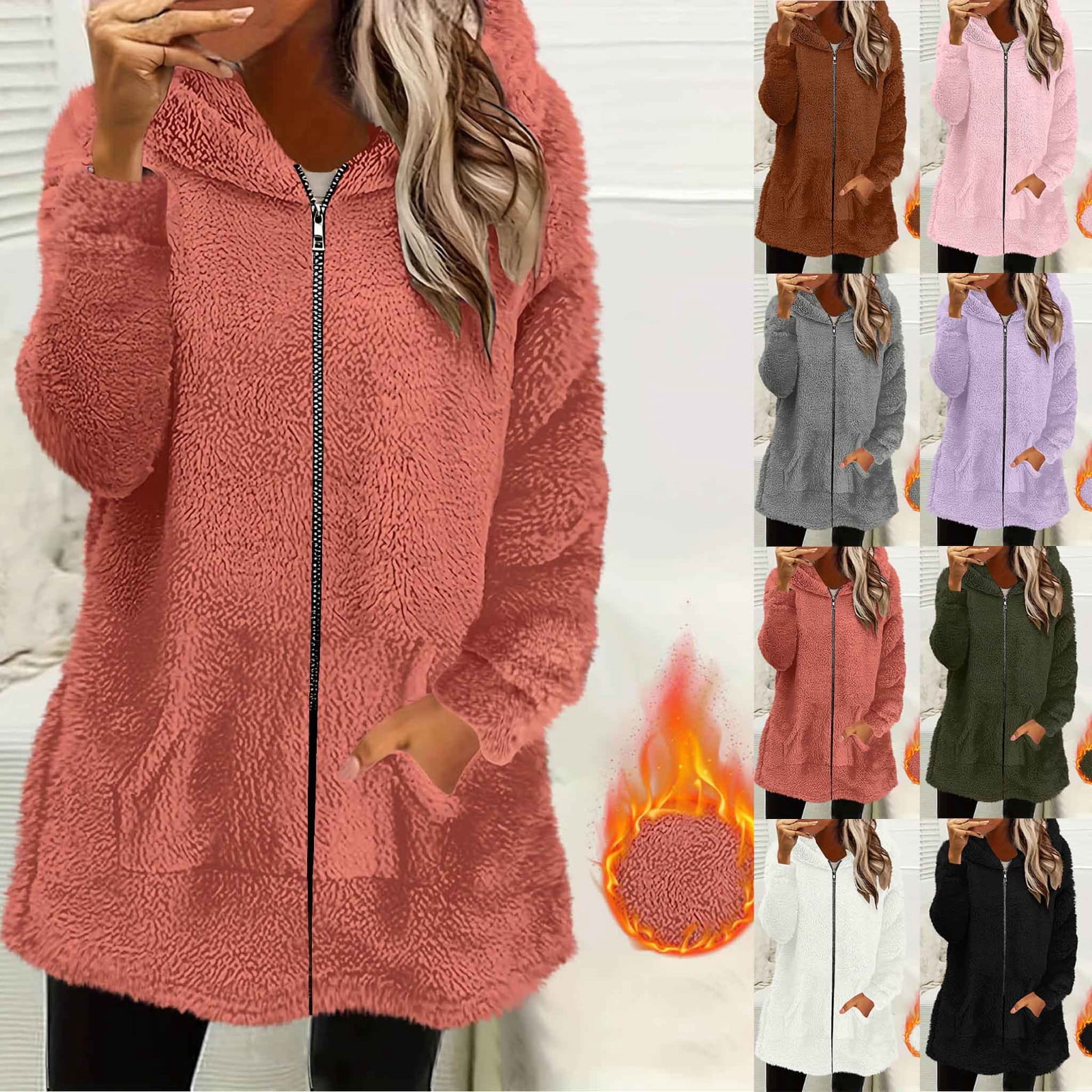 BiZtdJrK Fuzzy Fleece Coats for Women Mid Length Zip Up Long Sleeve ...