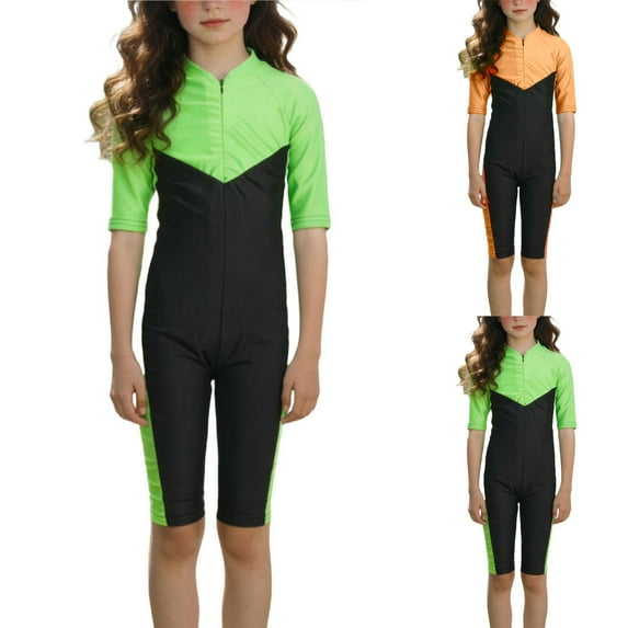 BiZtdJrK Girl One Piece Swimsuits Color Block Zip Up Half Sleeve ...