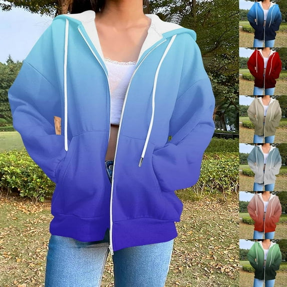 BiZtdJrK Gradient Sweatshirts for Women Oversized Zip Up Drawstring ...