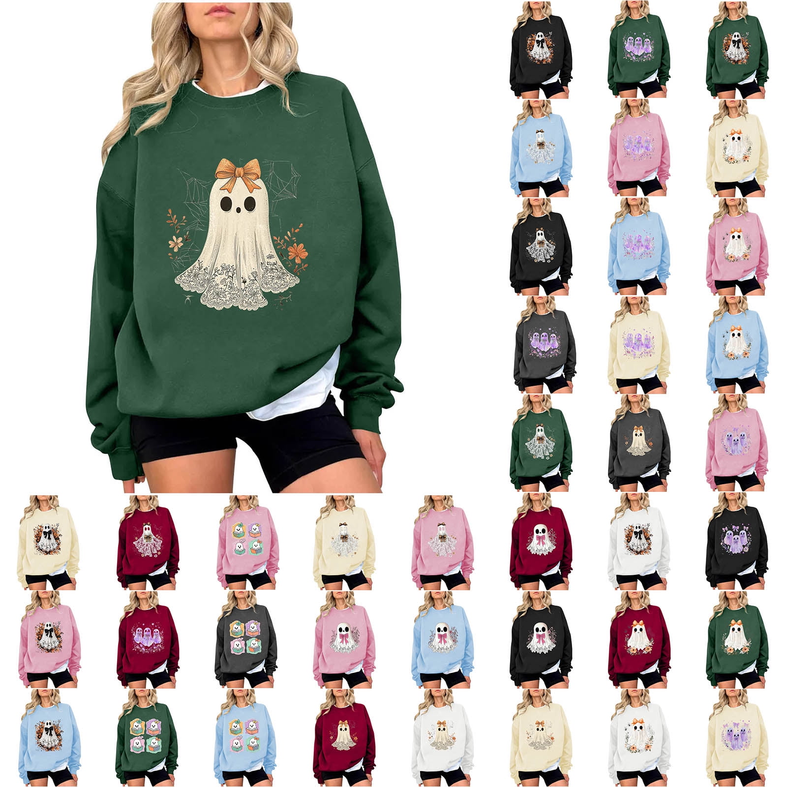 BiZtdJrK Halloween Pullover for Women Cute Ghost Printed Long Sleeve ...