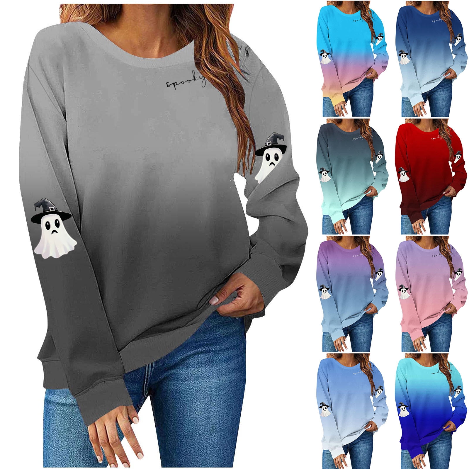 BiZtdJrK Halloween Sweatshirts for Women Gradient Ghost Printed Long ...
