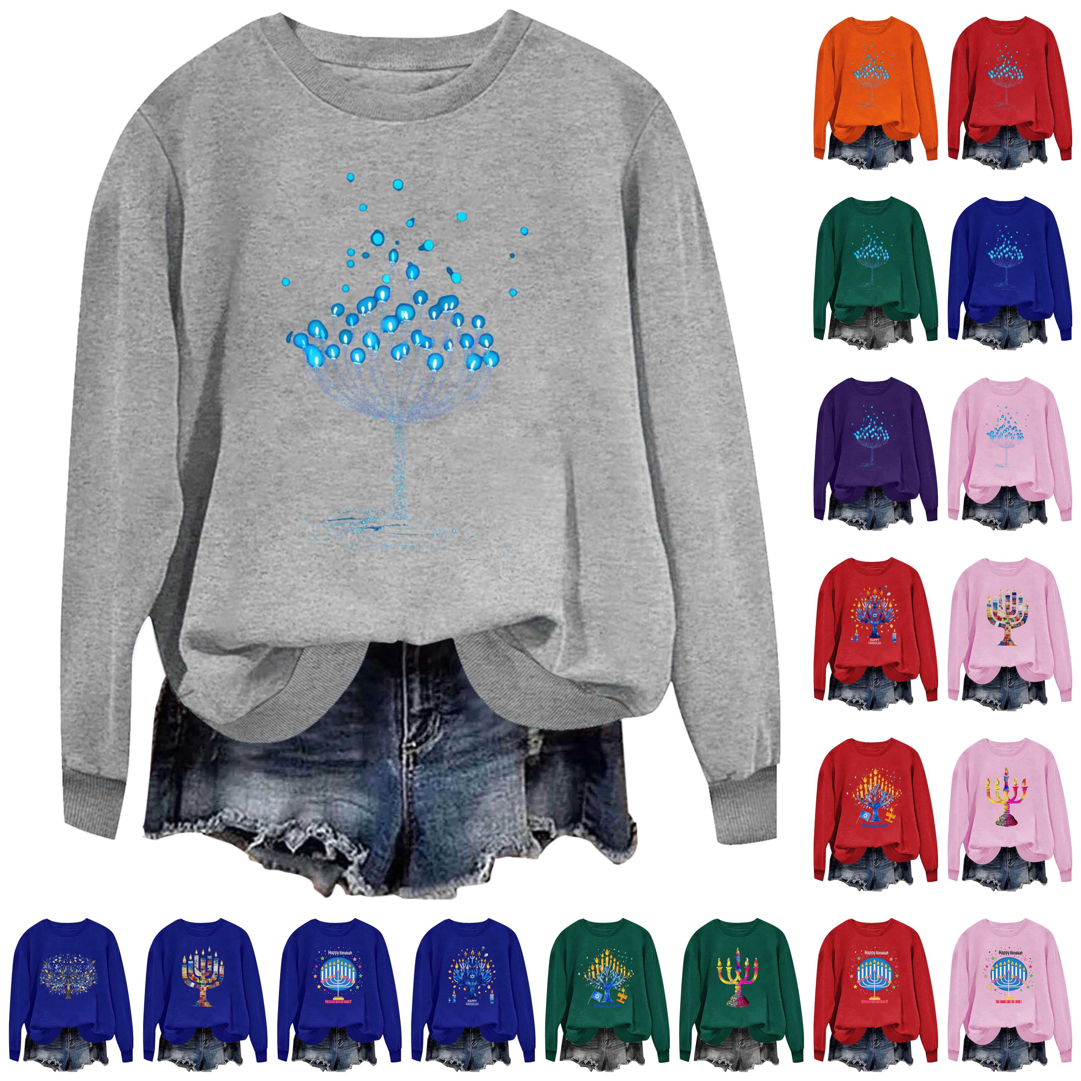 BiZtdJrK Hanukkah Shirts for Women 2025 Long Sleeve Round Neck ...