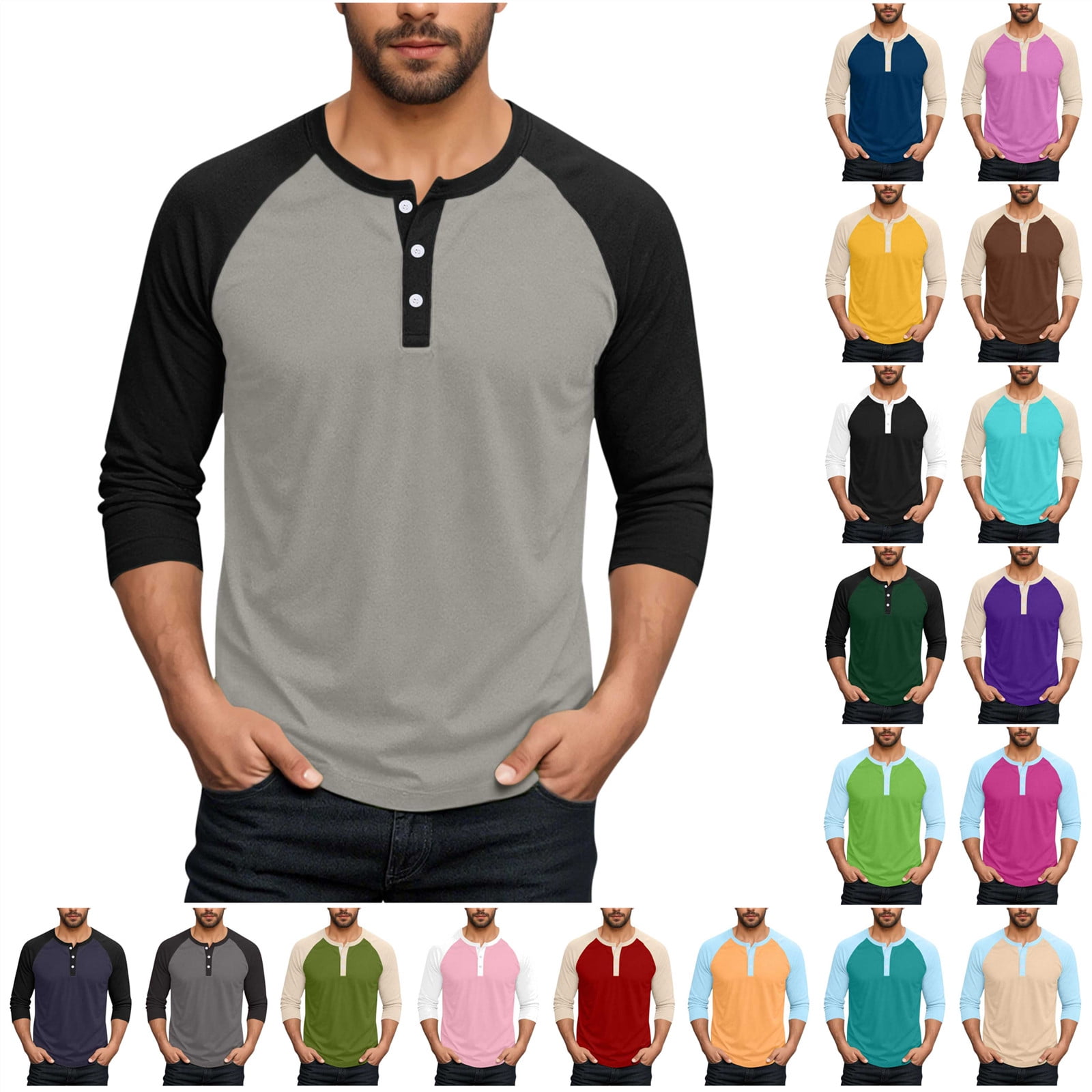 BiZtdJrK Henley Shirts for Men Fall Crewneck Color Block Slim Fit Long ...