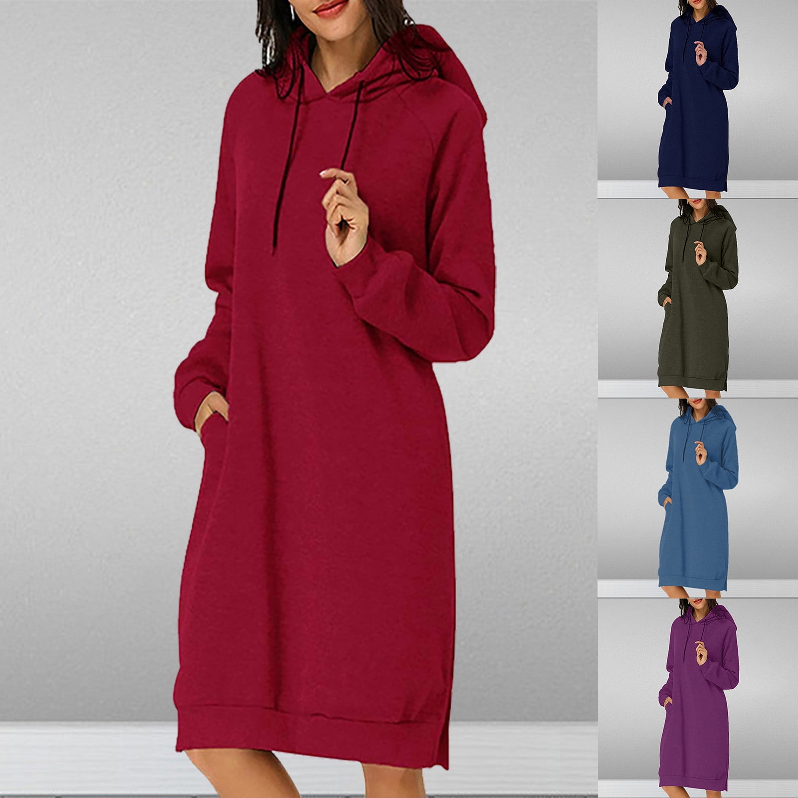 BiZtdJrK Hooded Midi Dress for Women Side Split Long Sleeve Casual Fall ...