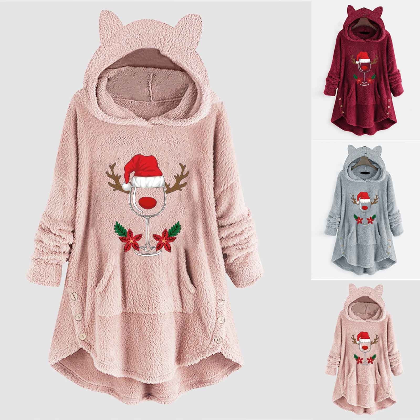 BiZtdJrK Hoodies for Women Cute Cat Ear Cap Fleece Sweatshirts Loose ...