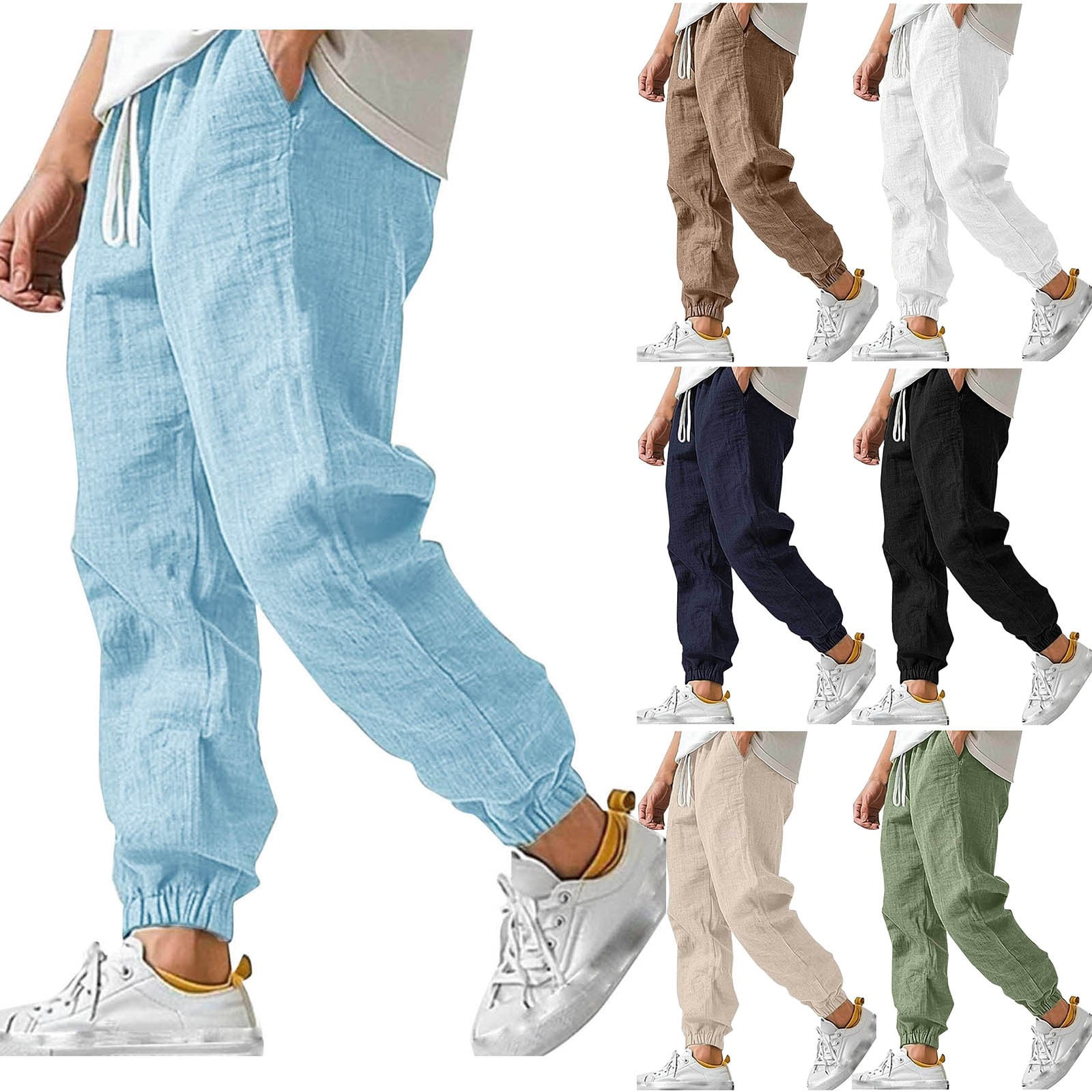 BiZtdJrK Jogger Pants for Men Lightweight Cotton Linen Cinch Bottoms ...